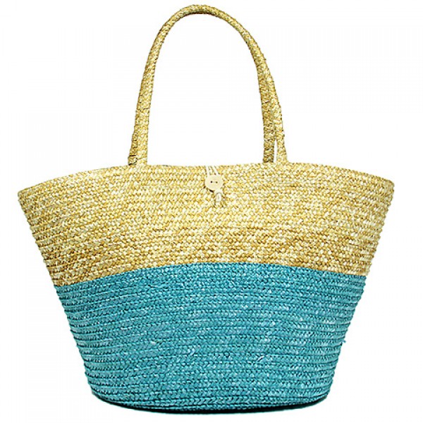 Straw Tote: Woven Wheat Straw Tote - 2 Tones - Turquoise - BG-R11053TQ ...